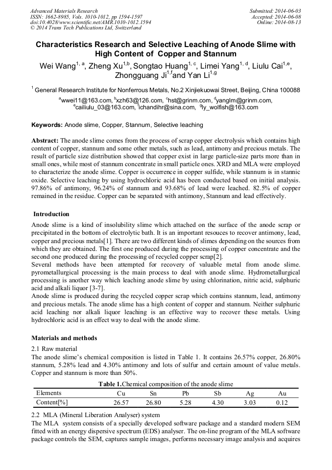 Characteristics Research and Selective Leaching of Anode Slime with ...