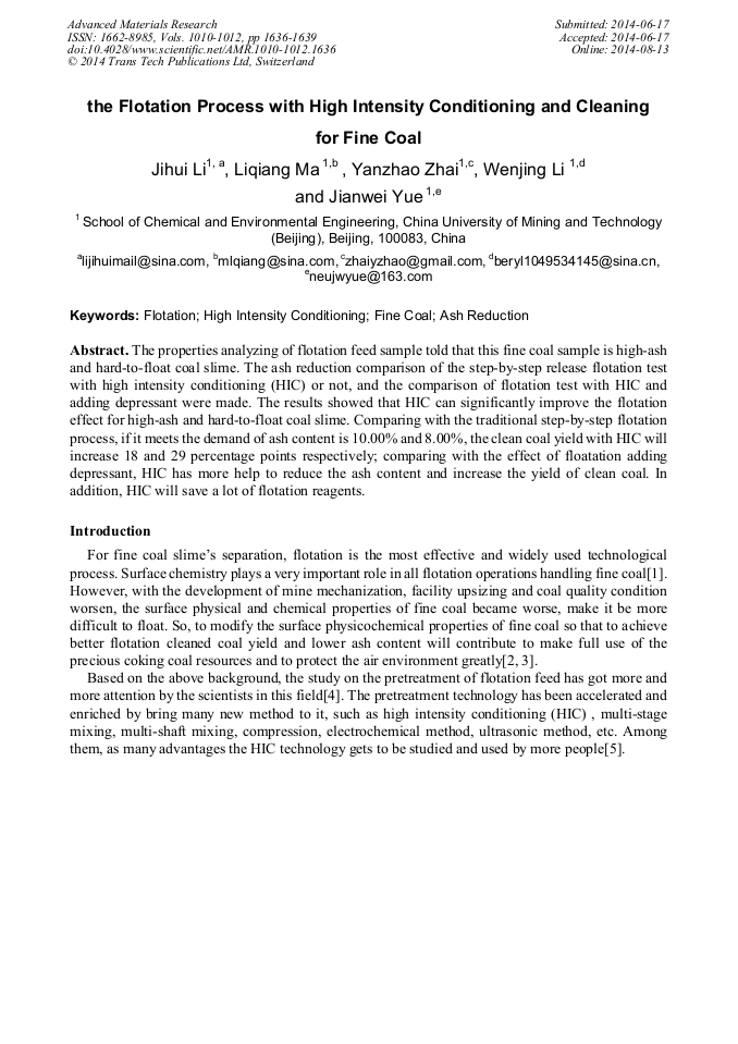 The Flotation Process with High Intensity Conditioning and Cleaning for ...