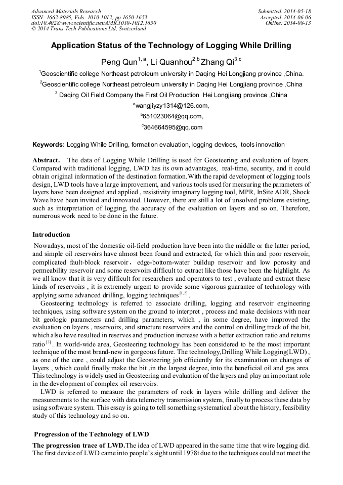 Application Status of the Technology of Logging While Drilling ...