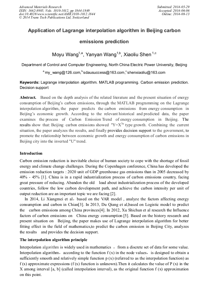 Application of Lagrange Interpolation Algorithm in Beijing Carbon ...
