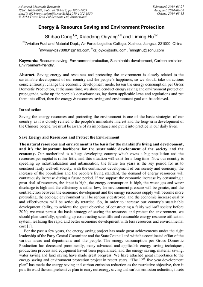 Energy and Resource Saving and Environment Protection | Scientific.Net