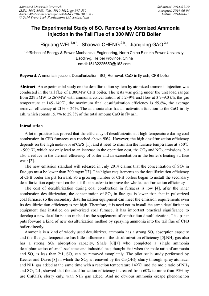 The Experimental Study of SO2 Removal by Atomized Ammonia Injection in ...