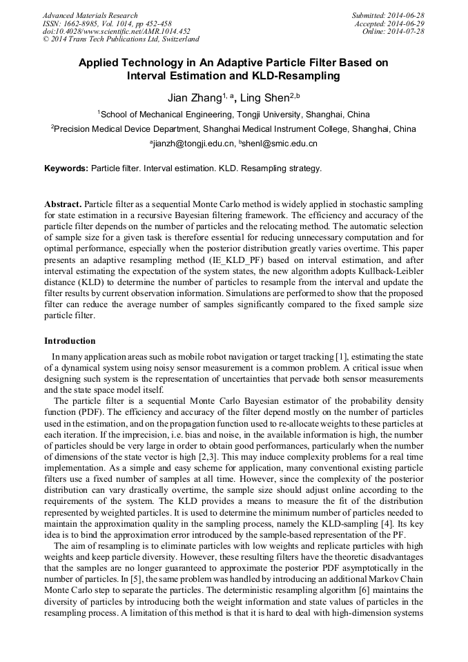 Applied Technology In An Adaptive Particle Filter Based On Interval Estimation And Kld