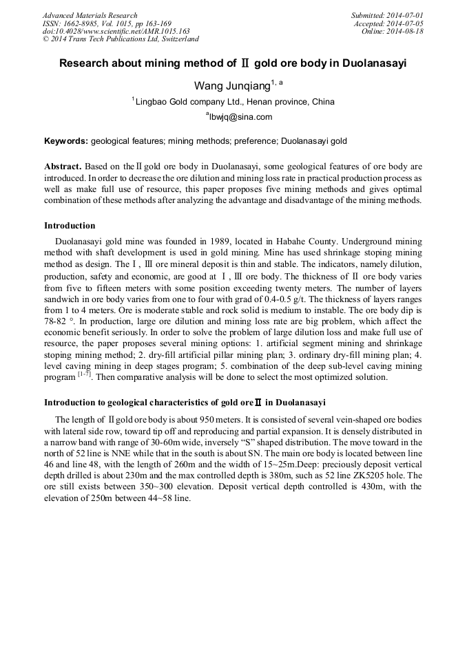 Research about Mining Method of II Gold Ore Body in Duolanasayi ...