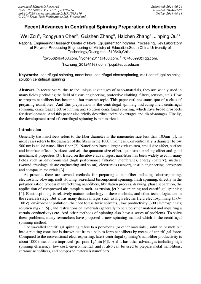 Recent Advances in Centrifugal Spinning Preparation of Nanofibers ...