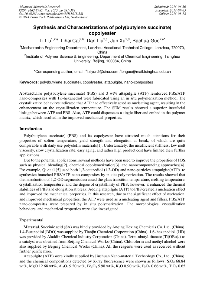 Synthesis and Characterizations of Poly(Butylene Succinate) Copolyester ...