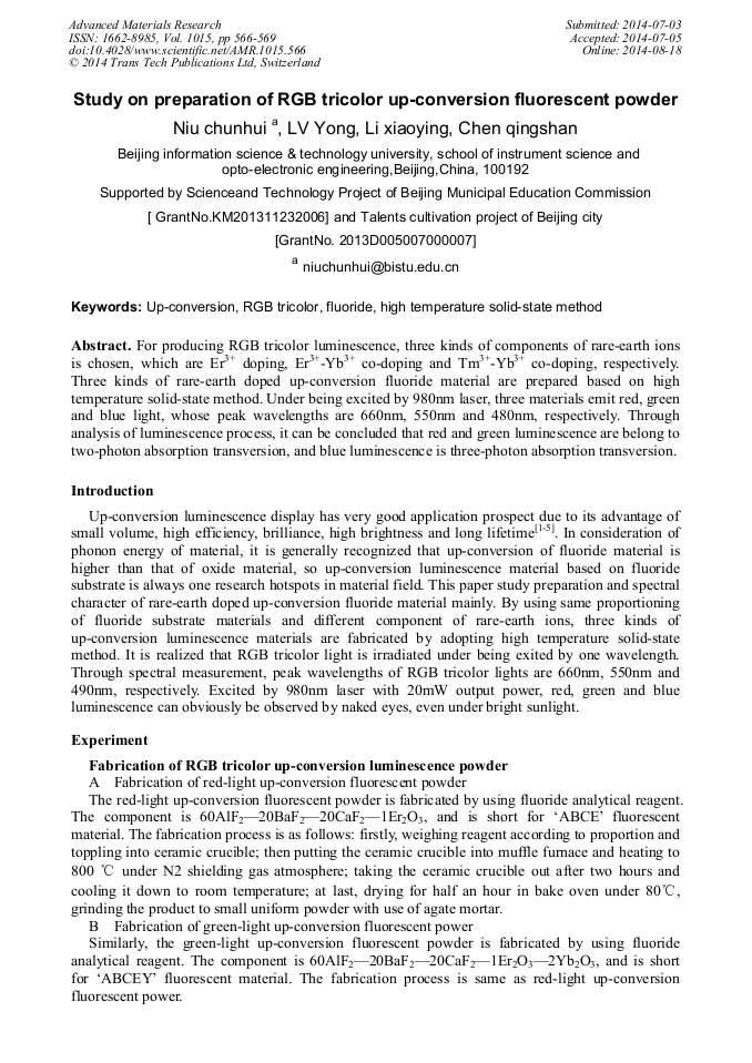 Study on Preparation of RGB Tricolor Up-Conversion Fluorescent Powder ...