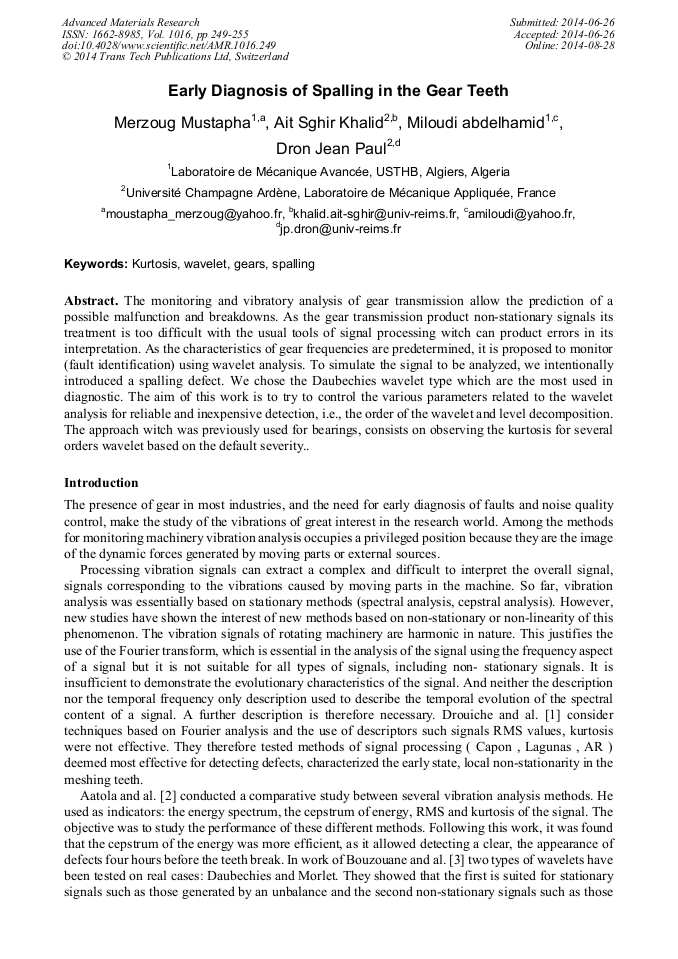 Early Diagnosis of Spalling in the Gear Teeth | Scientific.Net