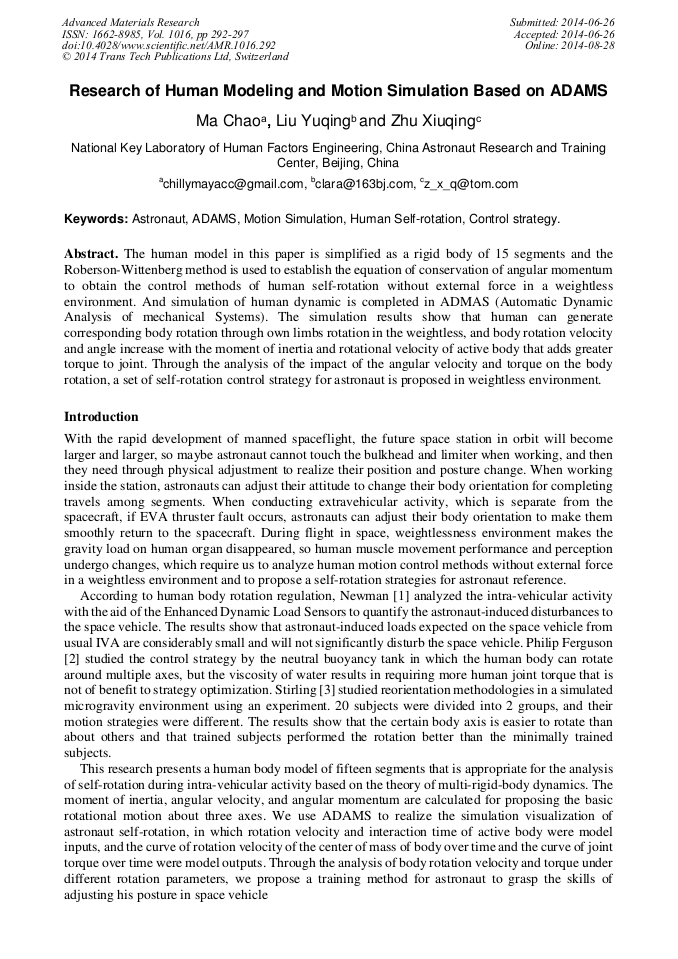 Research of Human Modeling and Motion Simulation Based on ADAMS ...