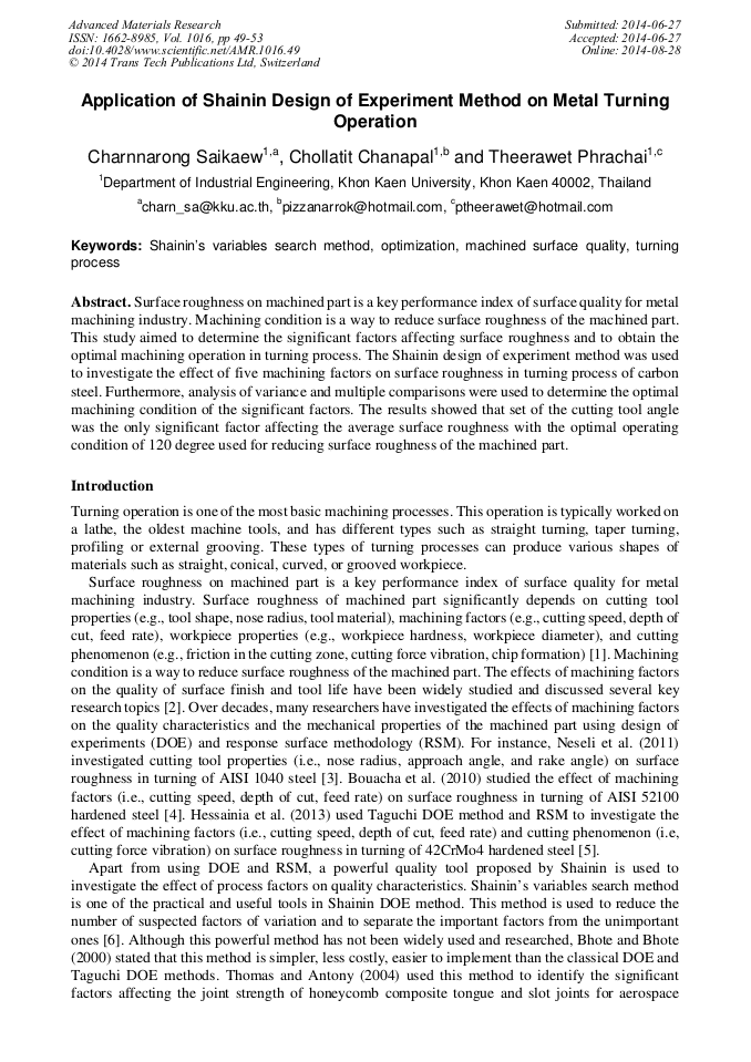 Application of Shainin Design of Experiment Method on Metal Turning ...
