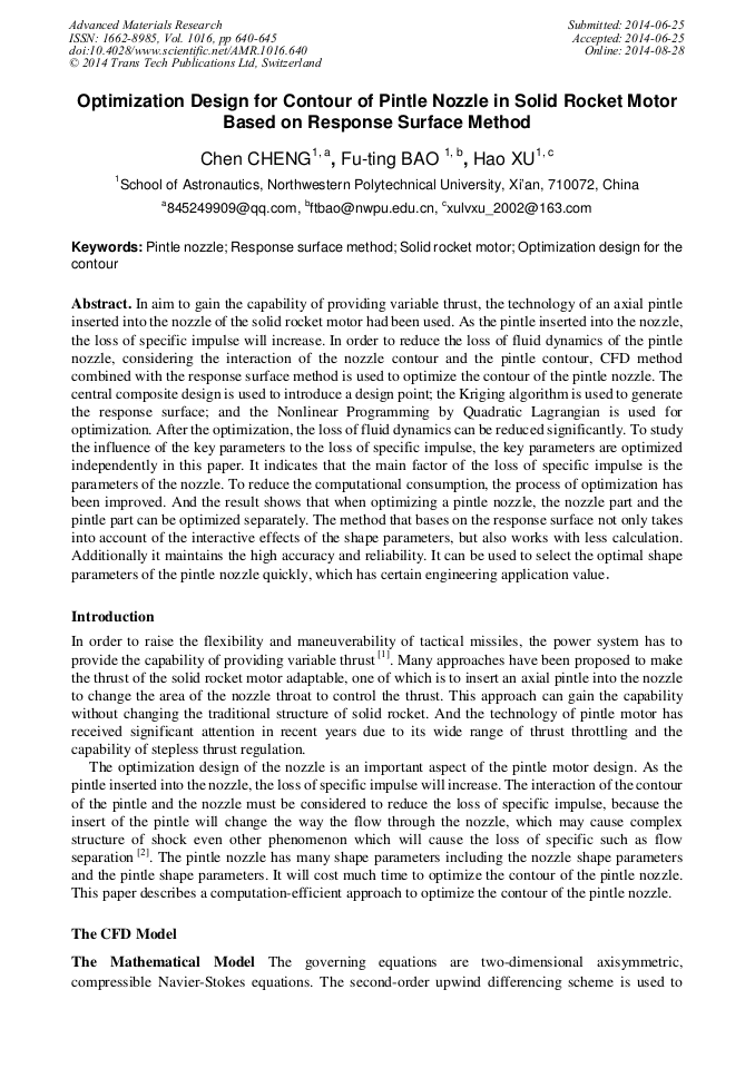 Optimization Design for Contour of Pintle Nozzle in Solid Rocket Motor ...