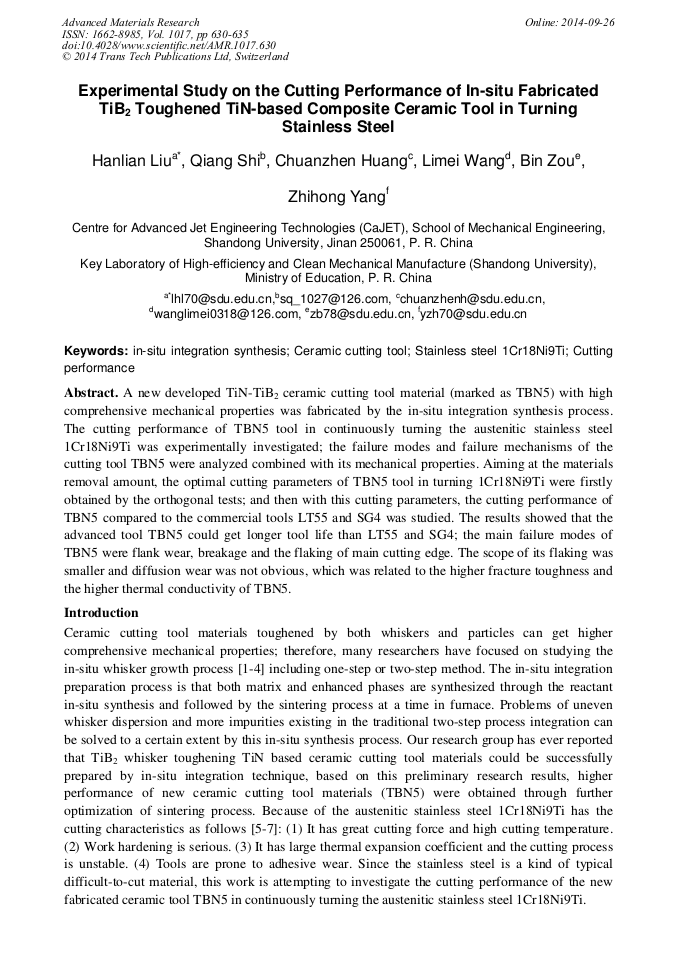 Experimental Study on the Cutting Performance of In Situ Fabricated ...