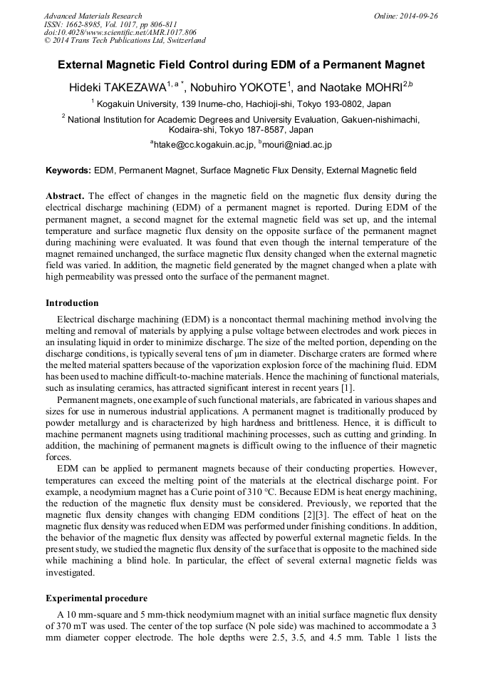 External Magnetic Field Control during EDM of a Permanent Magnet ...