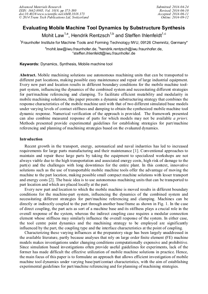 Evaluating Mobile Machine Tool Dynamics by Substructure Synthesis ...