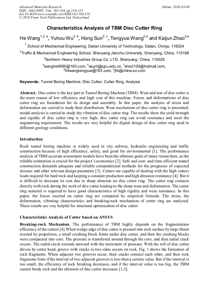 Characteristics Analysis of TBM Disc Cutter Ring | Scientific.Net