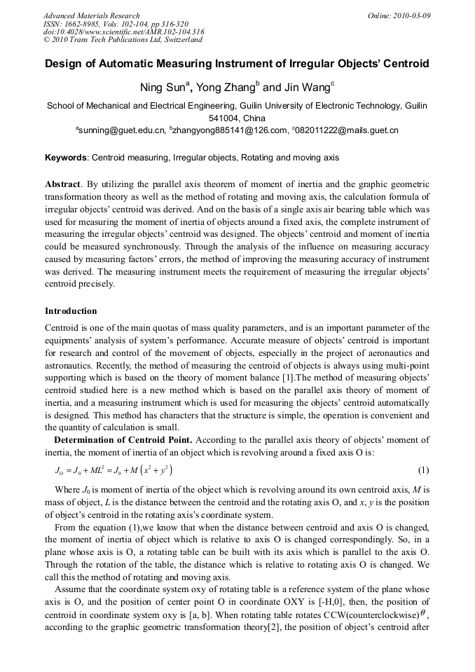 Design of Automatic Measuring Instrument of Irregular Objects’ Centroid ...