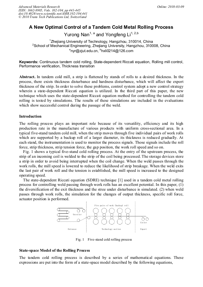 A New Optimal Control of a Tandem Cold Metal Rolling Process ...