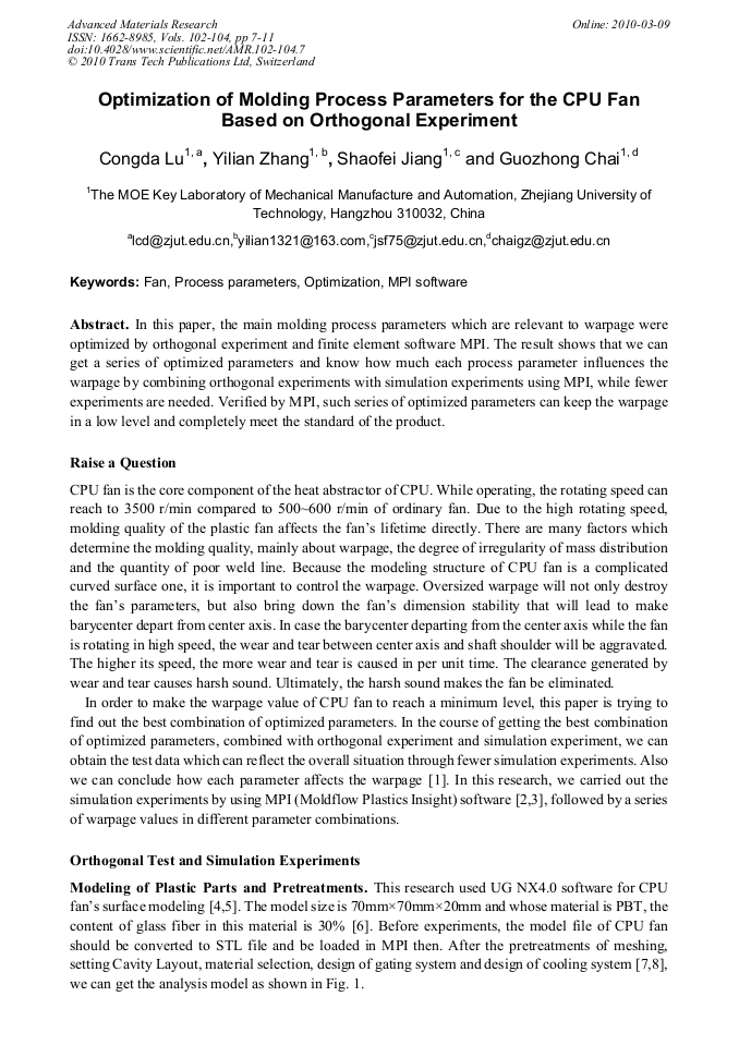 Optimization of Molding Process Parameters for the CPU Fan Based on ...