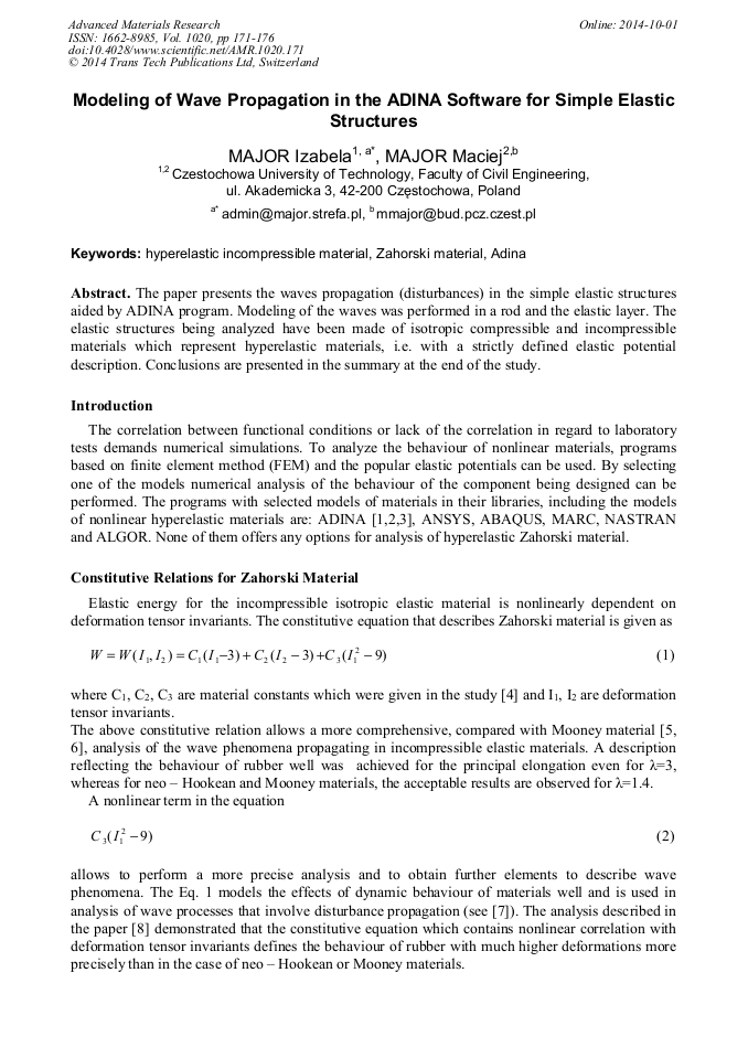 Modeling of Wave Propagation in the ADINA Software for Simple Elastic ...