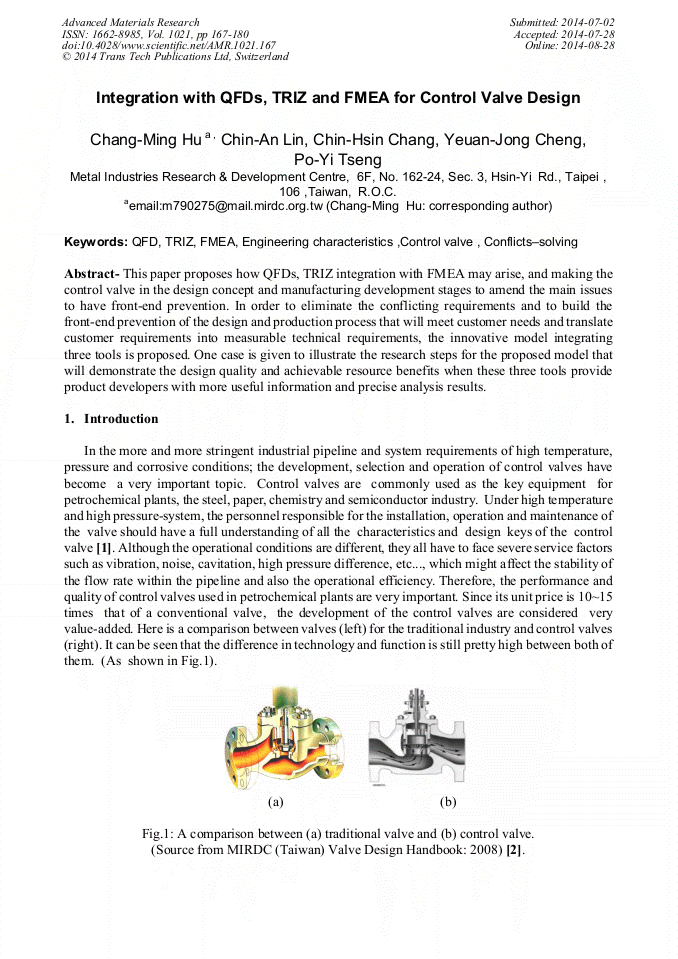 Integration with QFDs, TRIZ and FMEA for Control Valve Design ...