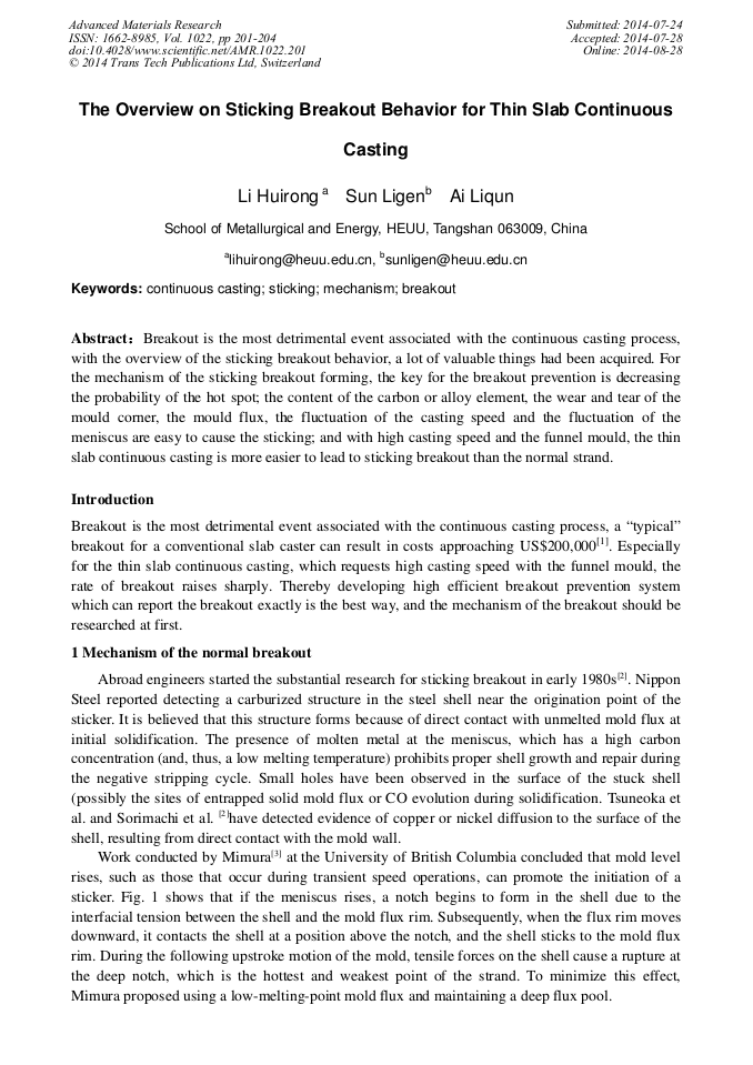 The Overview on Sticking Breakout Behavior for Thin Slab Continuous ...