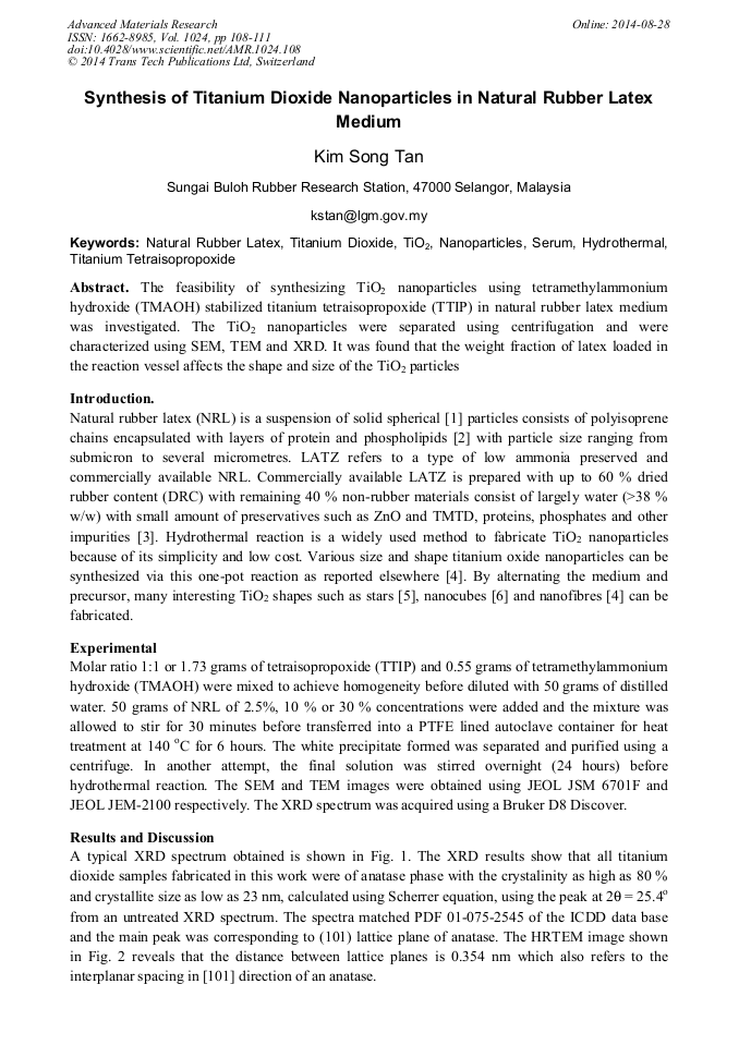Synthesis of Titanium Dioxide Nanoparticles in Natural Rubber Latex ...