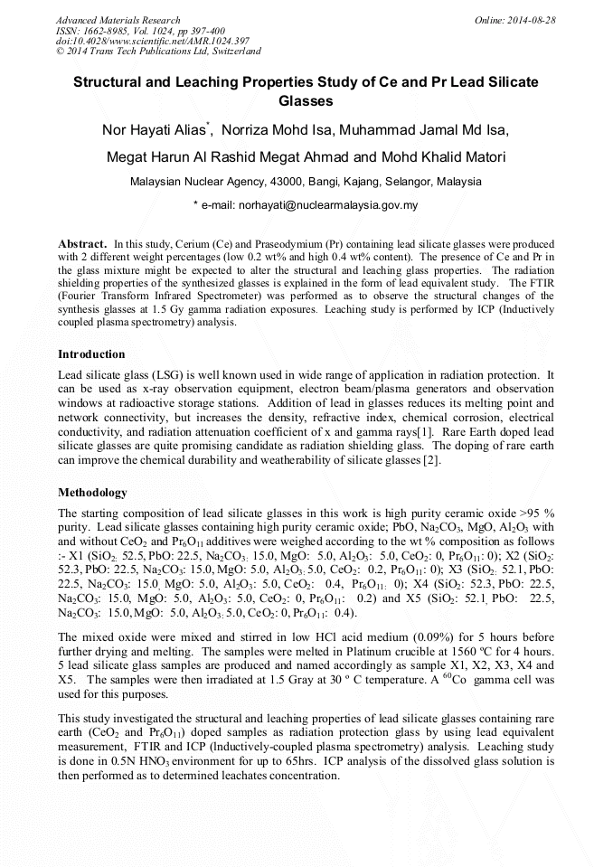 Structural and Leaching Properties Study of Ce and Pr Lead Silicate ...