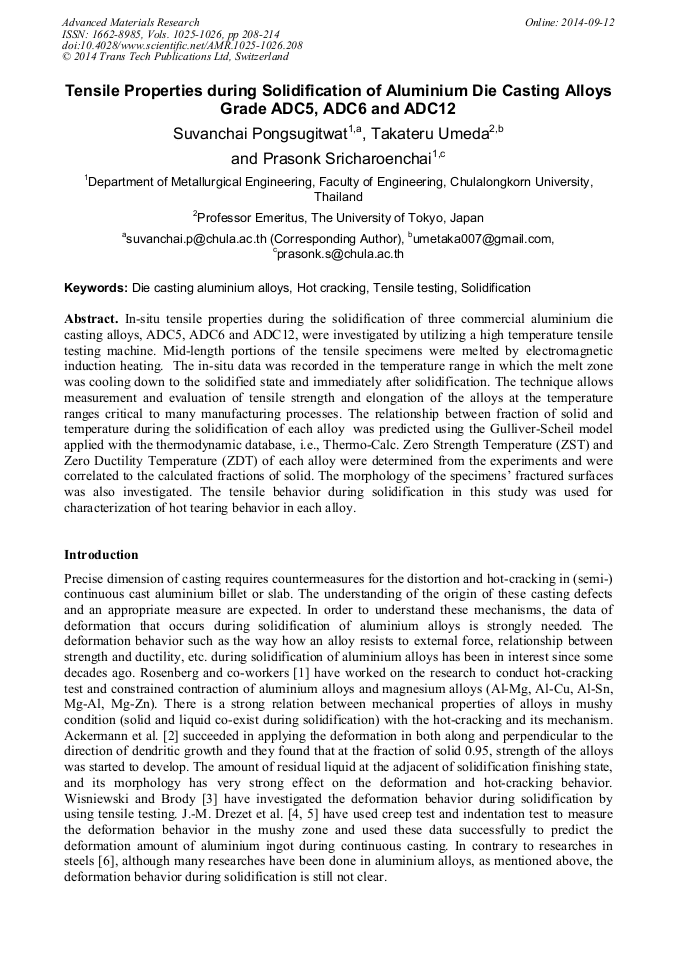Tensile Properties during Solidification of Aluminium Die Casting ...