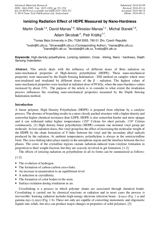 Ionizing Radiation Effect of HDPE Measured by Nano-Hardness ...