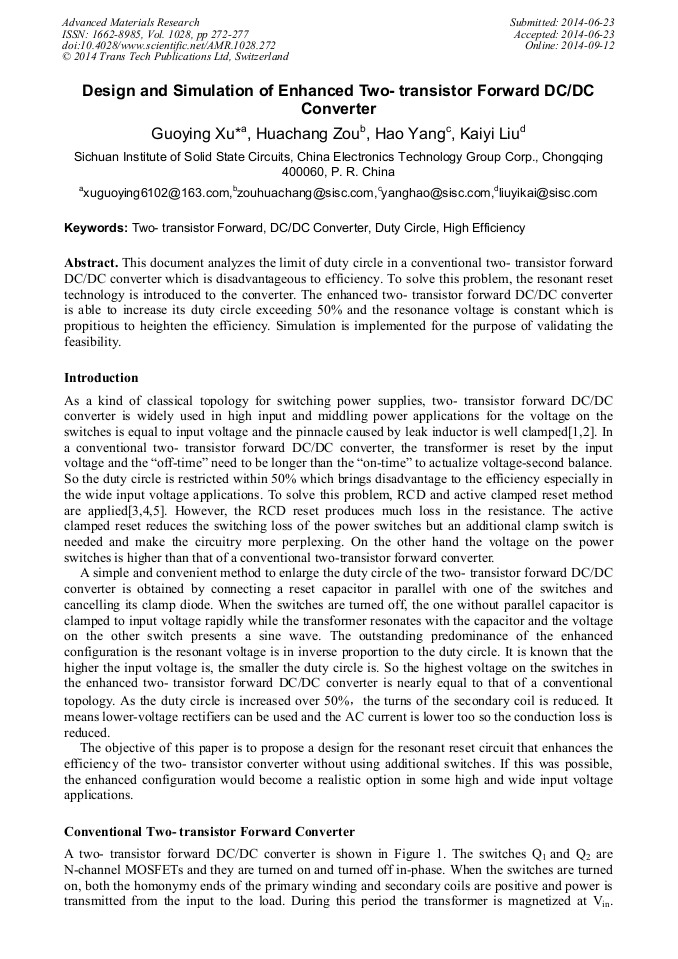 Design and Simulation of Enhanced Two-Transistor Forward DC/DC ...