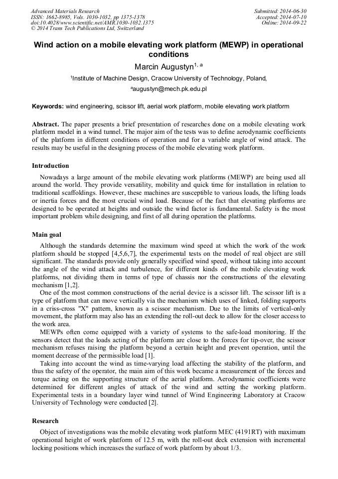Wind Action on a Mobile Elevating Work Platform (MEWP) in Operational ...