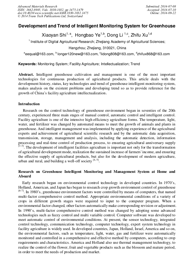 Development and Trend of Intelligent Monitoring System for Greenhouse ...