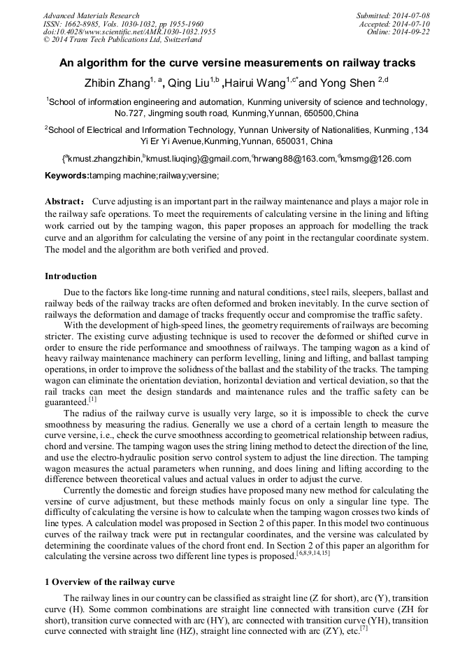 An Algorithm for the Curve Versine Measurements on Railway Tracks ...
