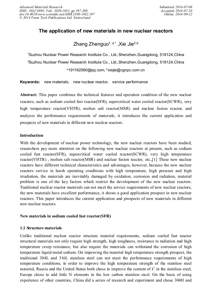 The Application of New Materials in New Nuclear Reactors | Scientific.Net