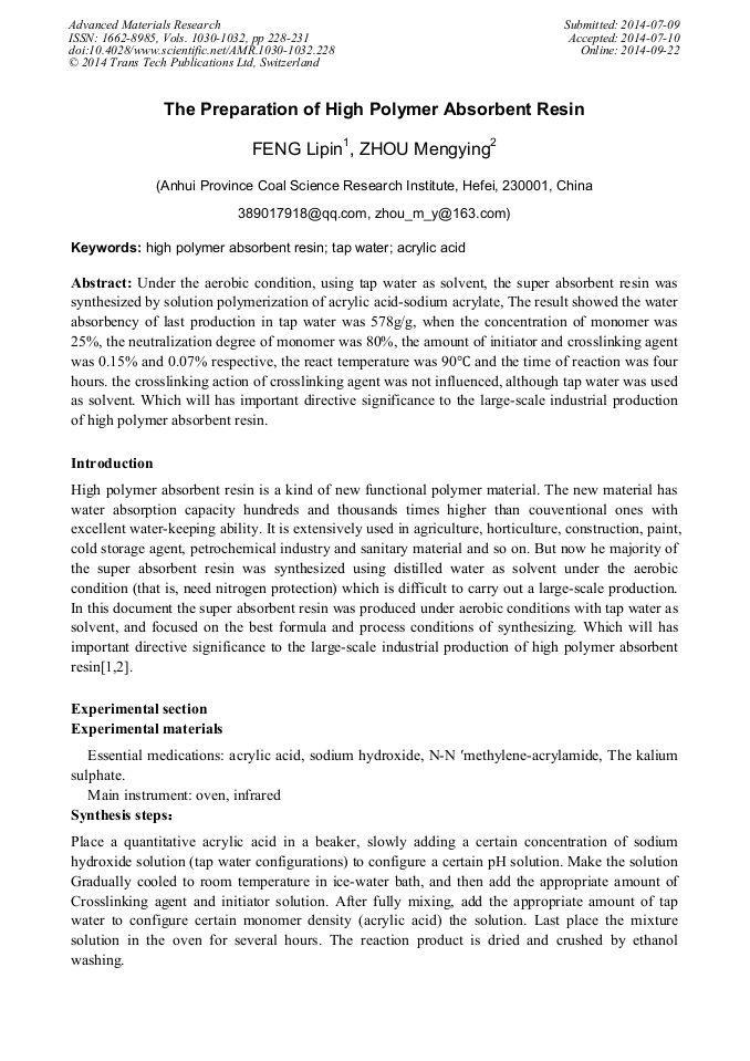 The Preparation of High Polymer Absorbent Resin | Scientific.Net