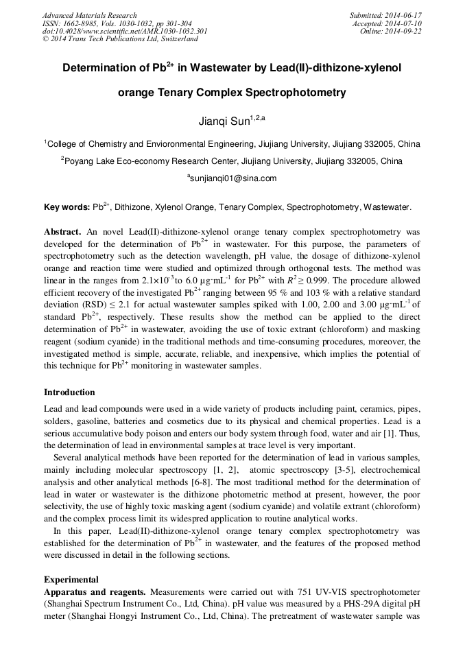 Determination of Pb2+ in Wastewater by Lead(II)-dithizone-xylenol ...