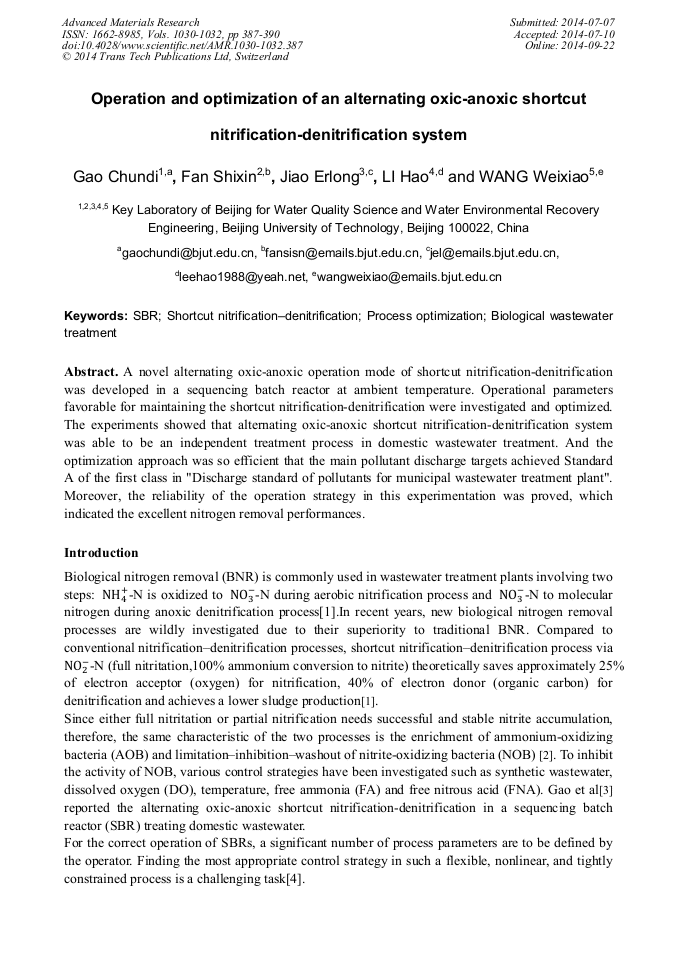 Operation and Optimization of an Alternating Oxic-Anoxic Shortcut ...