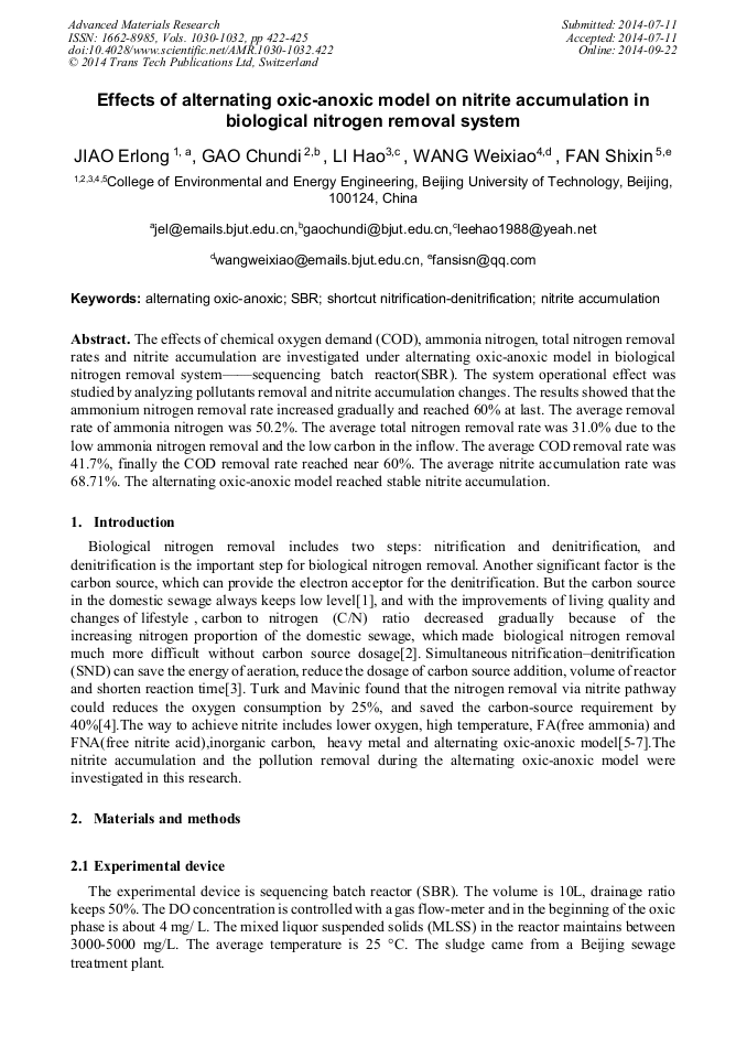 Effects of Alternating Oxic-Anoxic Model on Nitrite Accumulation in ...