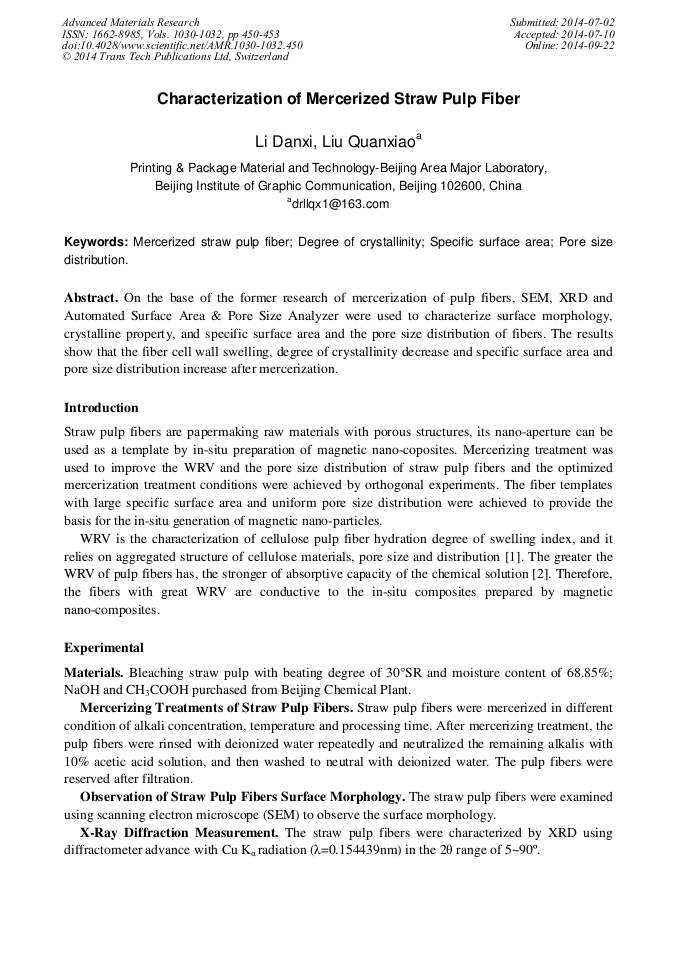 Characterization of Mercerized Straw Pulp Fiber | Scientific.Net