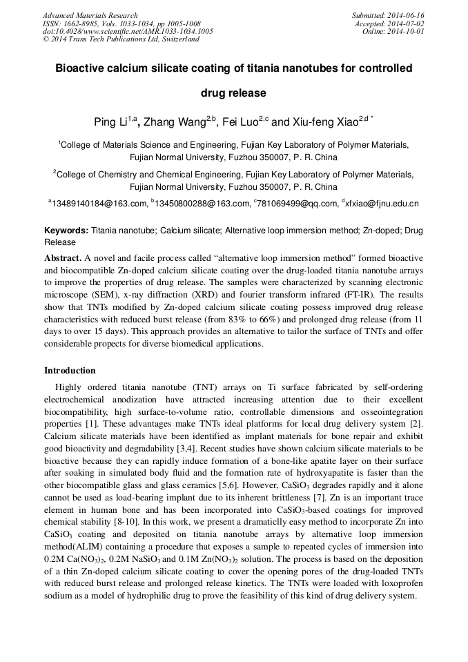 Bioactive Calcium Silicate Coating of Titania Nanotubes for Controlled ...