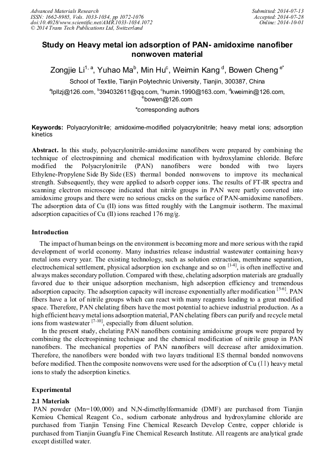 Study on Heavy Metal Ion Adsorption of PAN-Amidoxime Nanofiber Nonwoven ...