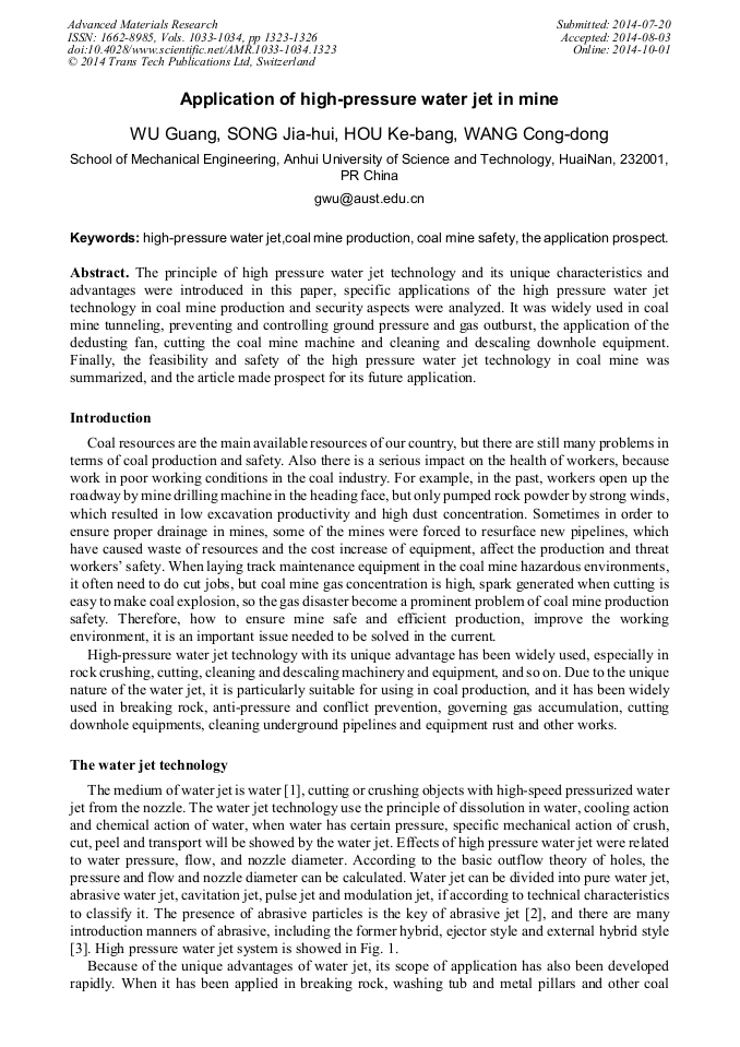 Application of High-Pressure Water Jet in Mine | Scientific.Net
