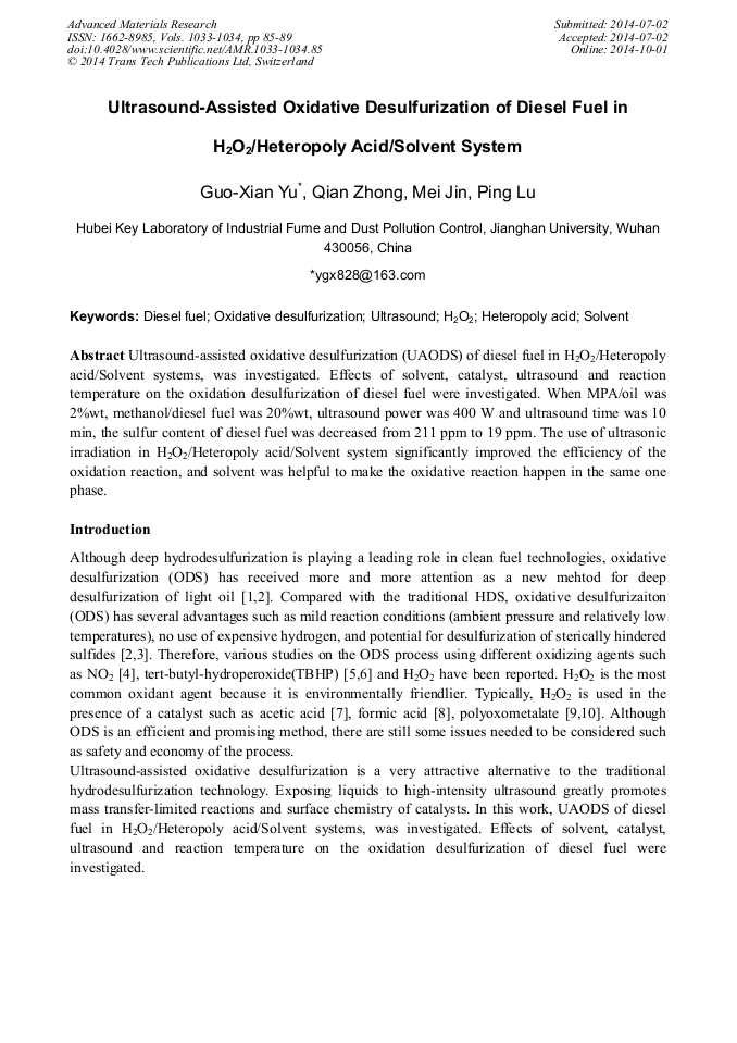 Ultrasound-Assisted Oxidative Desulfurization of Diesel Fuel in H2O2 ...