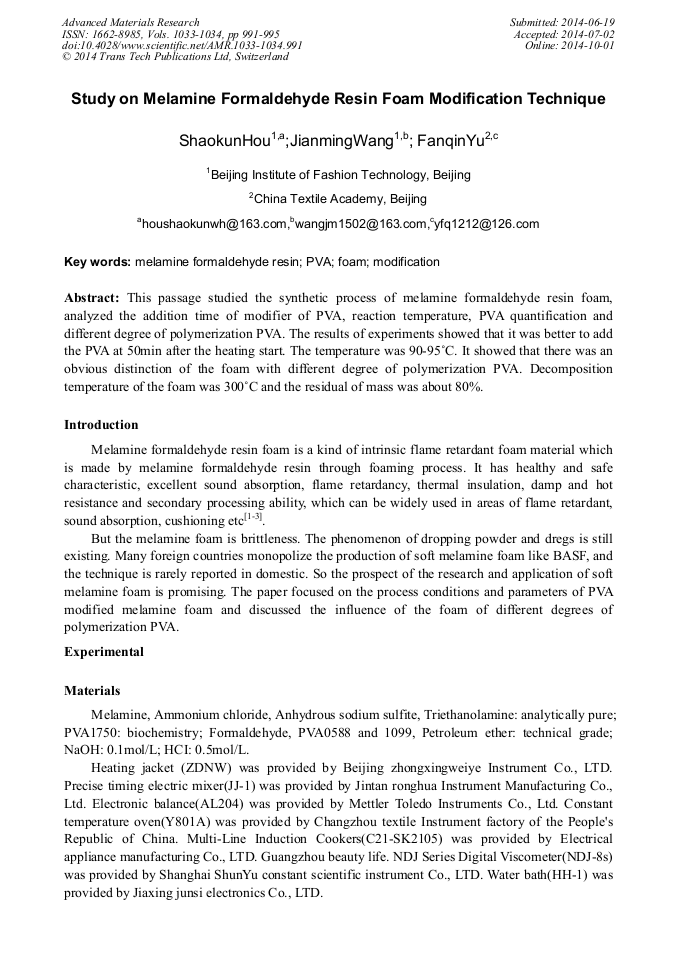 Study on Melamine Formaldehyde Resin Foam Modification Technique ...