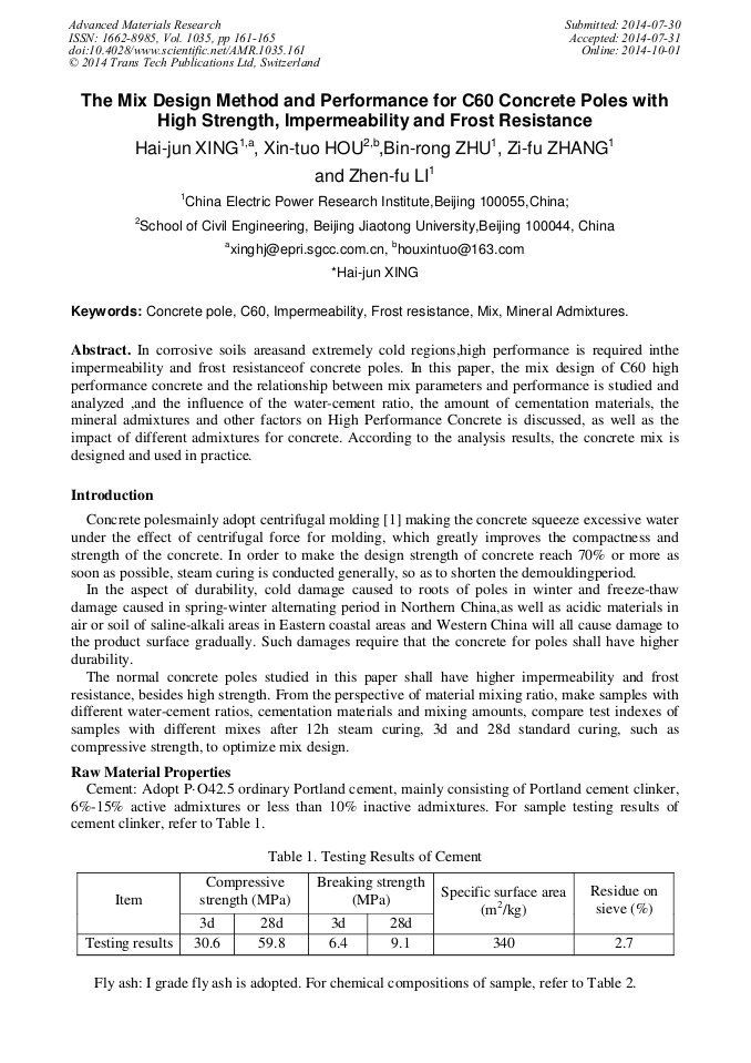 The Mix Design Method and Performance for C60 Concrete Poles with High ...