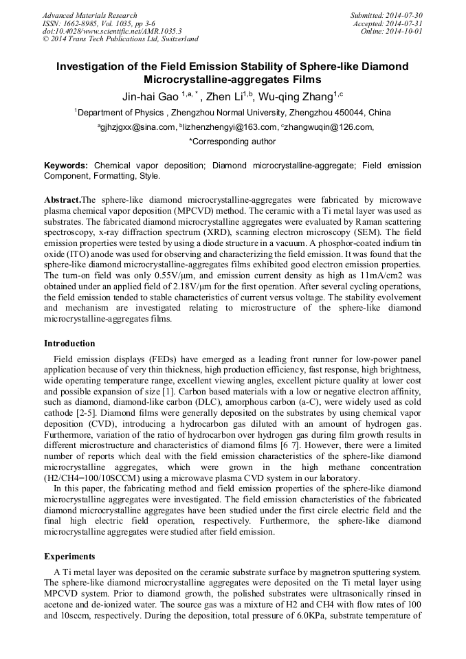 Investigation of the Field Emission Stability of Sphere-Like Diamond ...