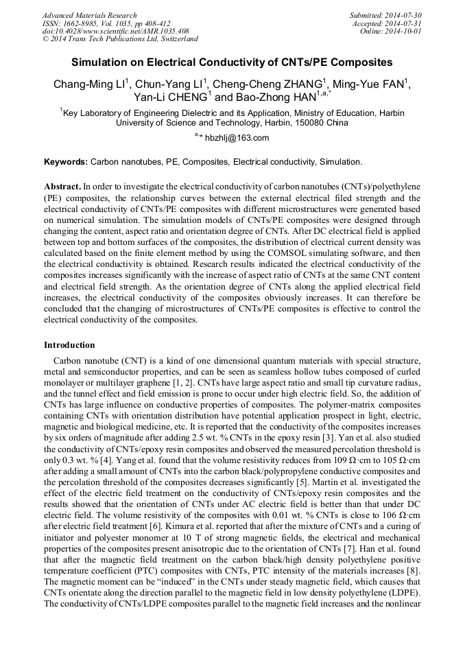 Simulation on Electrical Conductivity of CNTs/PE Composites ...