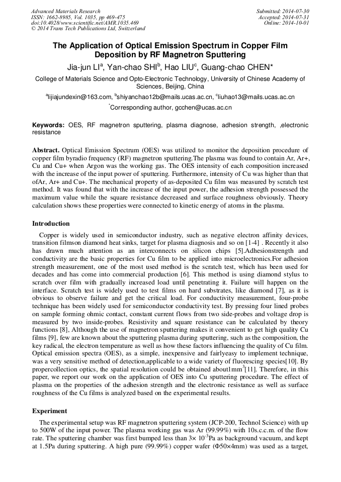 The Application of Optical Emission Spectrum in Copper Film Deposition ...