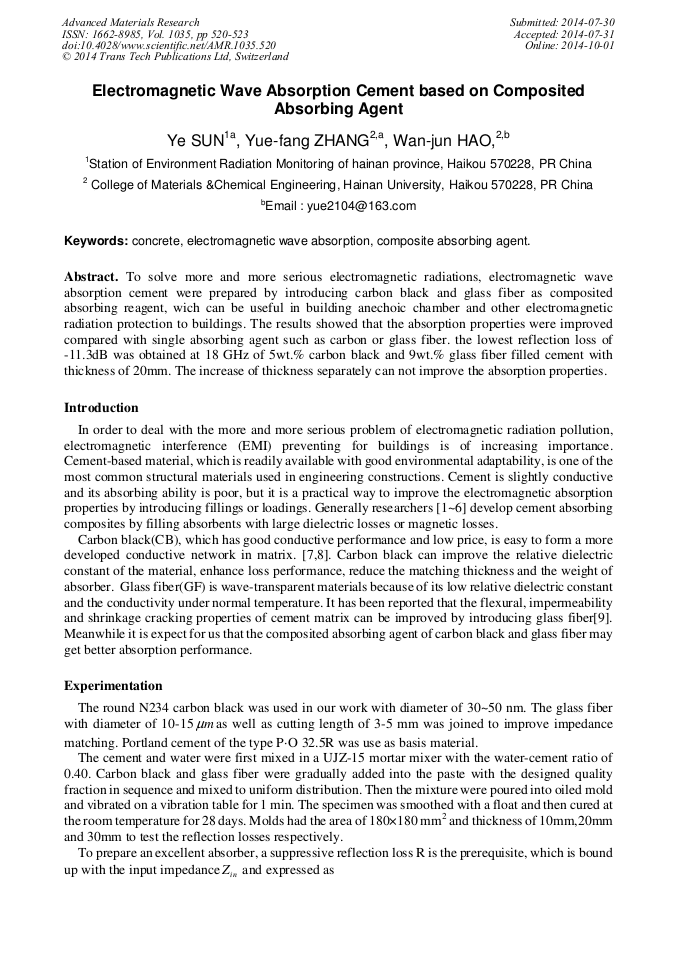 Electromagnetic Wave Absorption Cement Based on Composited Absorbing ...