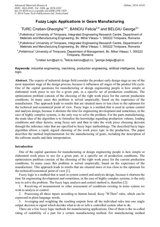 Fuzzy Logic Applications in Gears Manufacturing | Scientific.Net